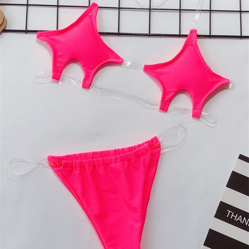 Women's Sexy Polyester Clear Strap See-Through Micro Bikini Set ...