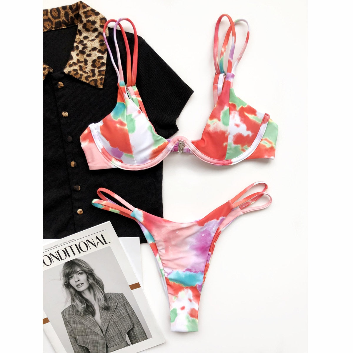 Sexy Women's 4 Color Dye Tie Push Up Thong Bikini Biquini Set Swimwear ...
