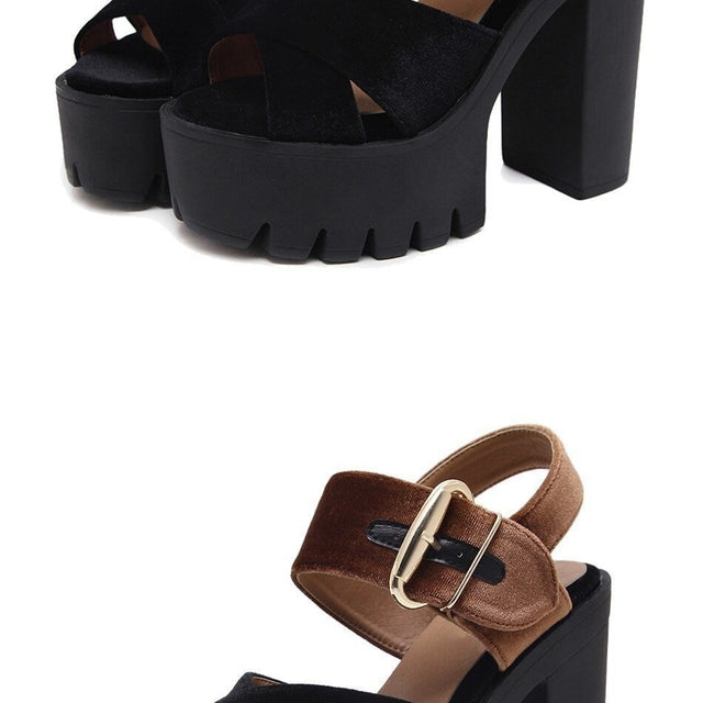 Summer Flock Women Platform High Square Heels Sandals with Fashion Buc ...