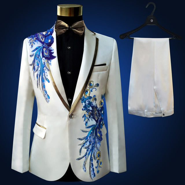 Men's White Blue Beaded Slim Fit Tuxedo Jacket Pants Two-Piece Suit ...