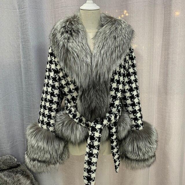 Winter Warm Luxury Women's Real Fox Fur Houndstooth Wool Coats & Jacke ...