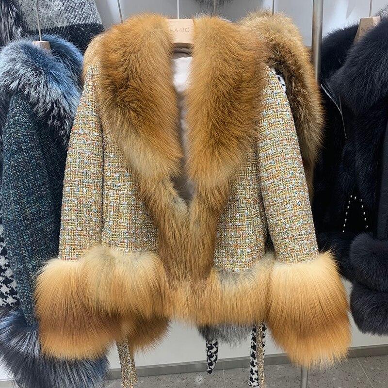 Winter Warm Luxury Women's Real Fox Fur Houndstooth Wool Coats & Jacke ...