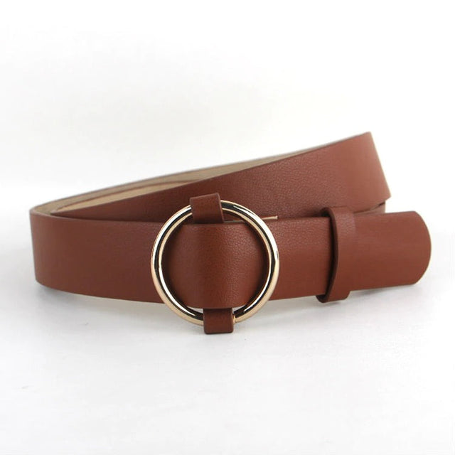 Women's Casual Gold Round Buckle Wild Brown Belt Without Pin ...