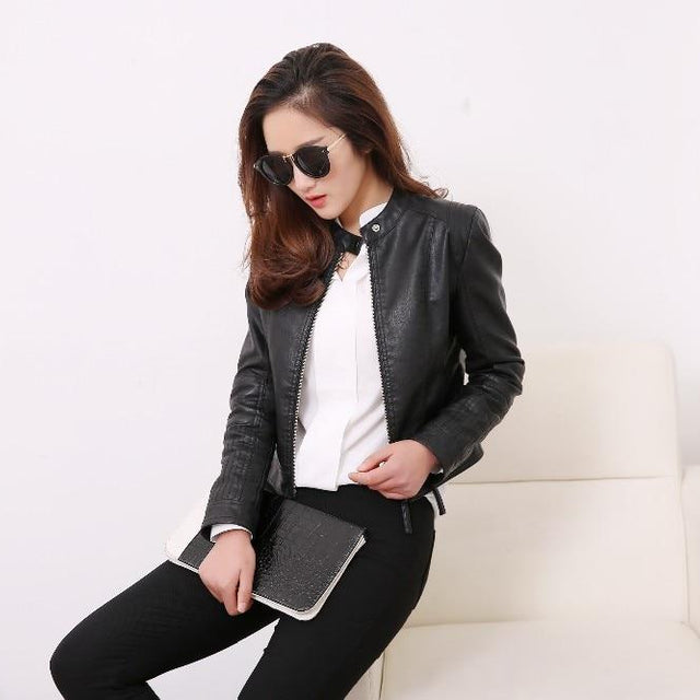 Women's European Style Basic Slim Synthetic Leather Coat with O Neck ...