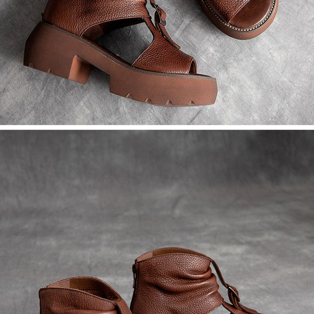 Women's Summer Genuine Leather Brown Peep Toe Gladiator Platform Shoes ...