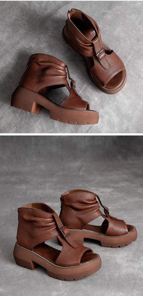 Women's Summer Genuine Leather Brown Peep Toe Gladiator Platform Shoes ...