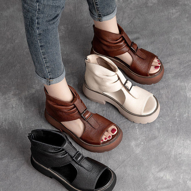Women's Summer Genuine Leather Brown Peep Toe Gladiator Platform Shoes ...
