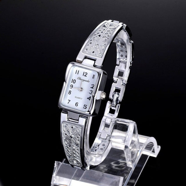 Women's Vintage Luxury Gold + Silver Rectangle Dial Carved Watches ...